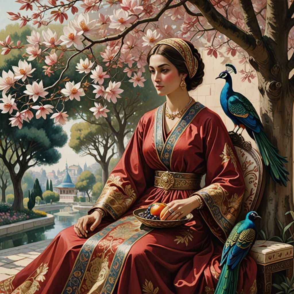 Ottoman Princess Reads Poetry Under Magnolia Tree - AI Art