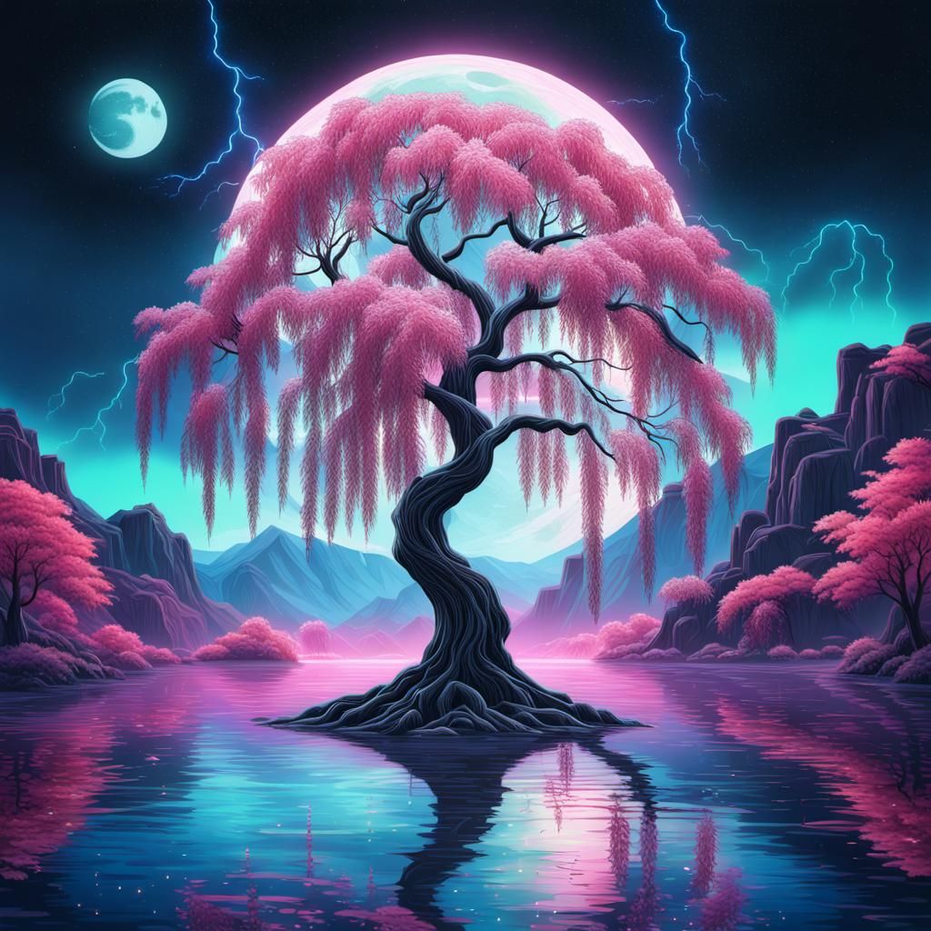 A highly detailed, hyper realistic, giant willow tree. With shimmering ...