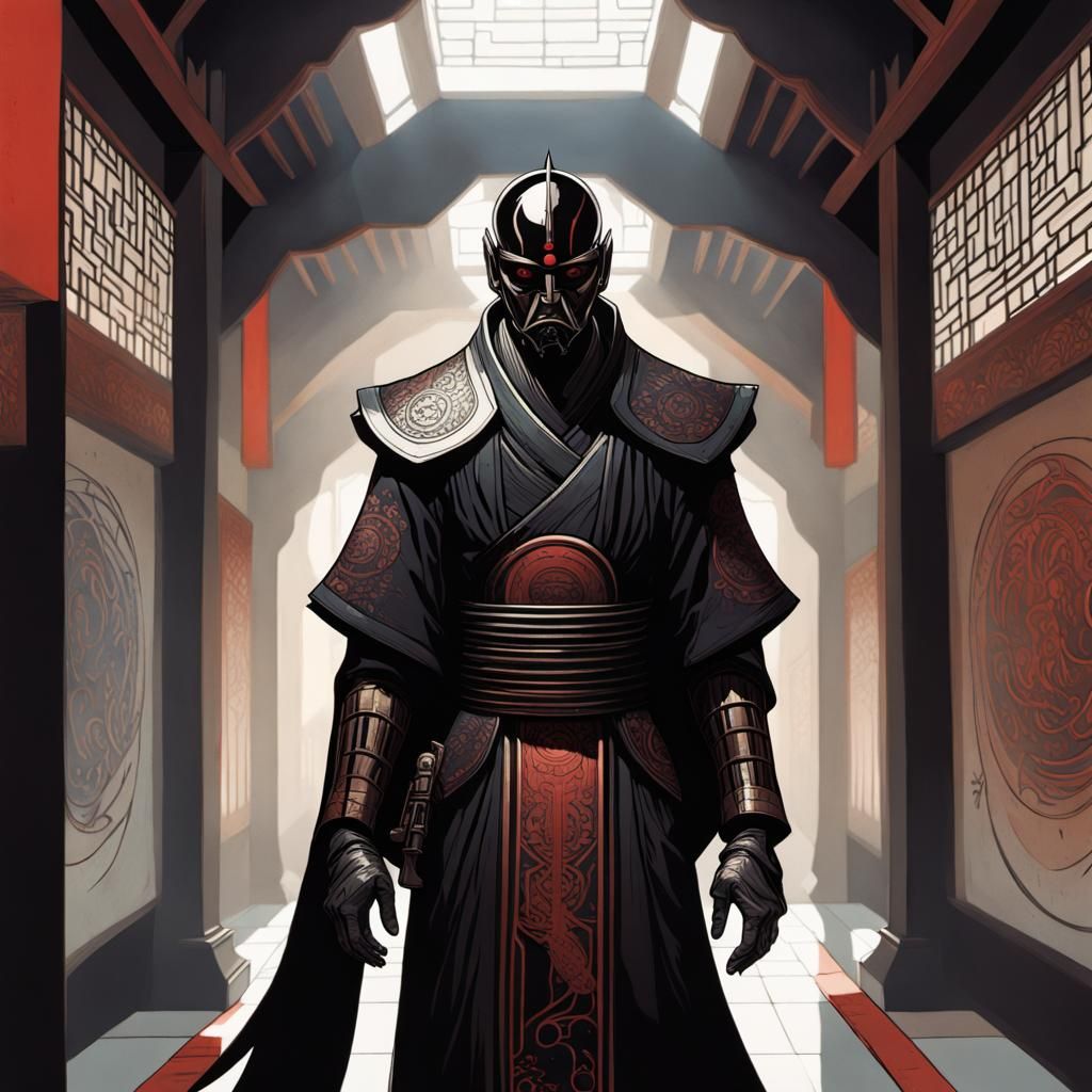 close-up of male sith priest pope geisha knight cyborg samurai cyborg ...