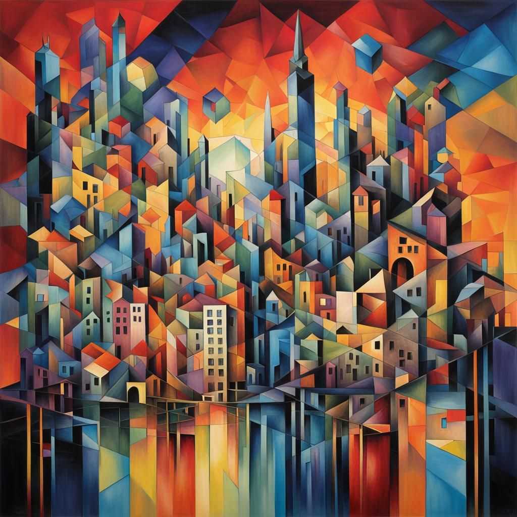 Surreal Cubist Dreamscape: fragmented cityscape, multiple lights, vivid ...