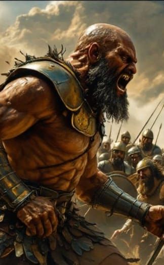 Frightened Soldiers Face Philistine Thug at Masada - AI Art