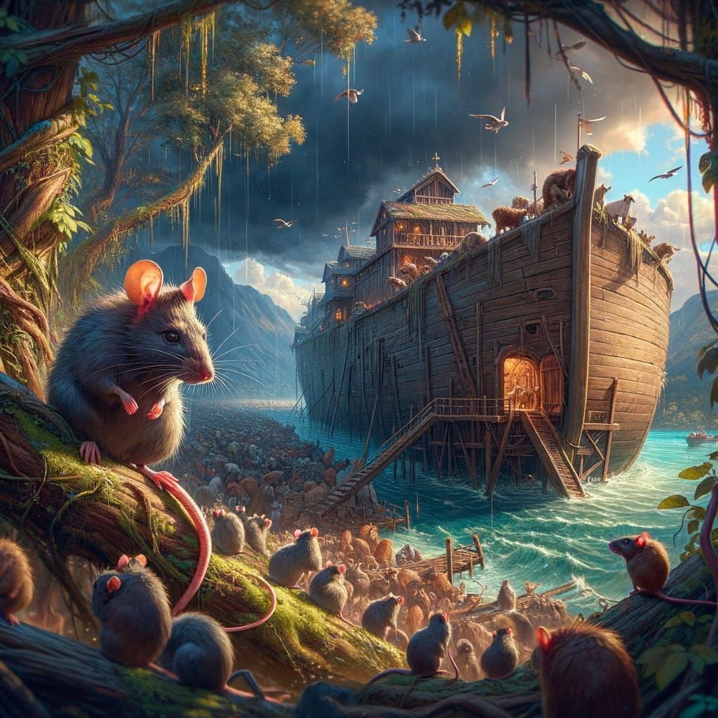 Dramatic Rat's-Eye View of Noah's Ark in Matte Pai... - AI Art