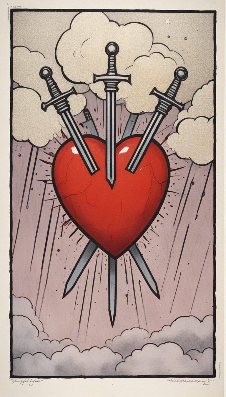 - Three of Swords - - Surreal Heart Pierced by Swords in Gol...