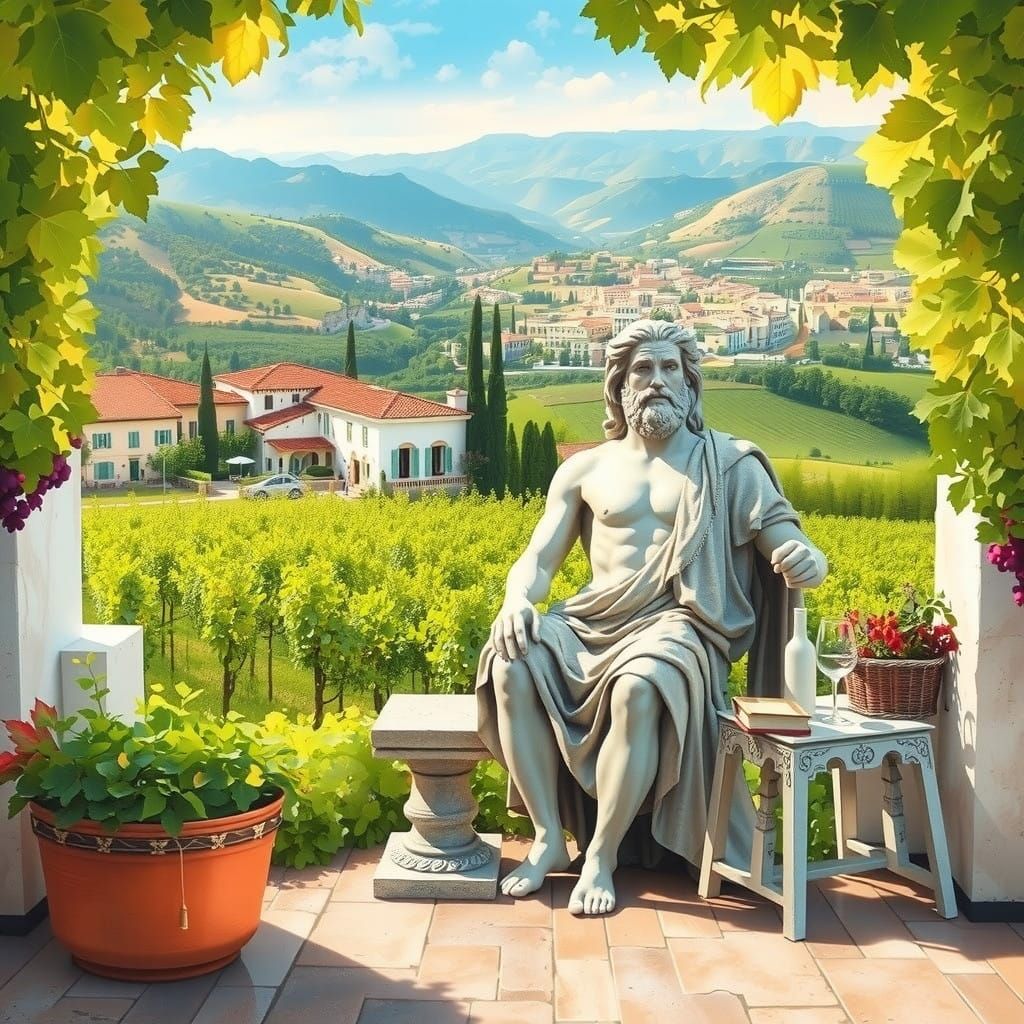 Ethereal Wine Region with Greek God in Splendid Fa... - AI Art