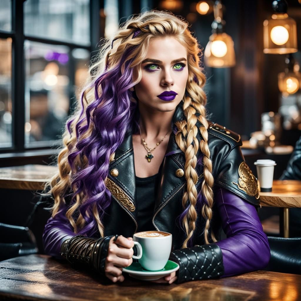 Valkyrie with Viking features, wavy golden hair that has purple strands ...