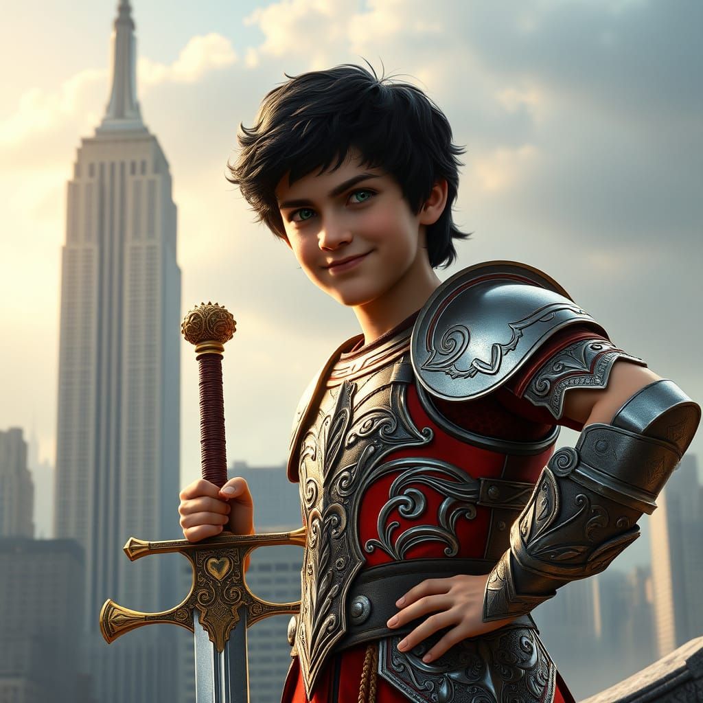 Heroic Percy Jackson in Greek Armor Standing befor... - AI Art