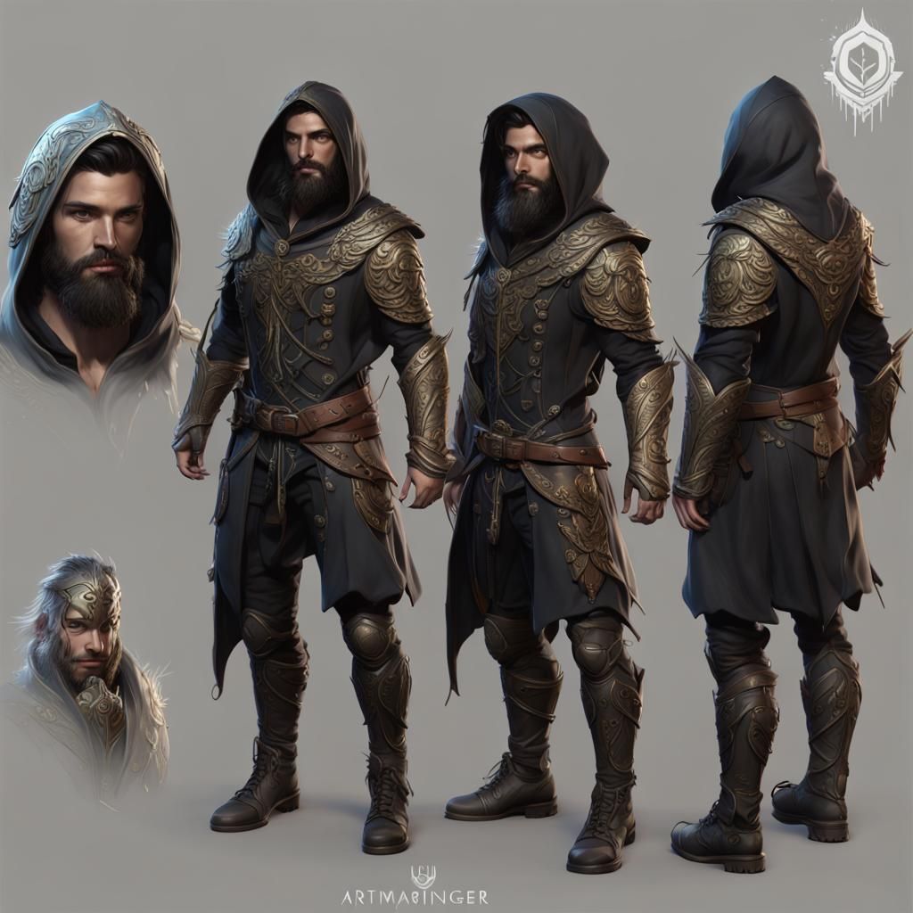 male celestial aasimar ranger hooded black hair and beard - AI ...