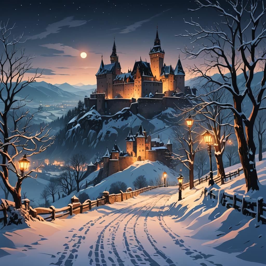 torchlit path leading to a castle at night in transylvania during ...