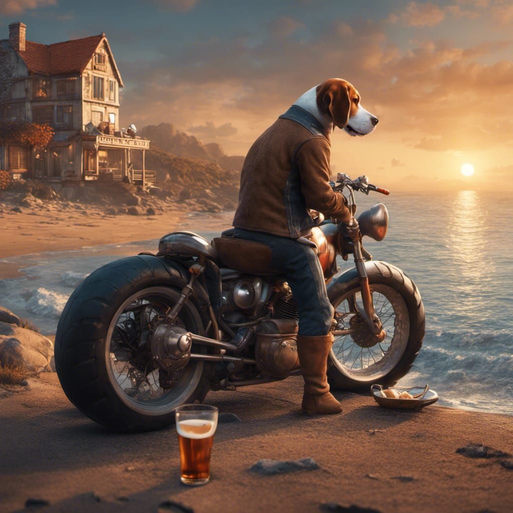 Relaxed beagle motorcyclist drinking a beer by the seaside next to a ...
