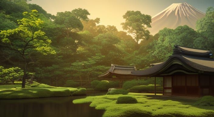 Old japanese architecture shack near Japanese volcano and small water ...