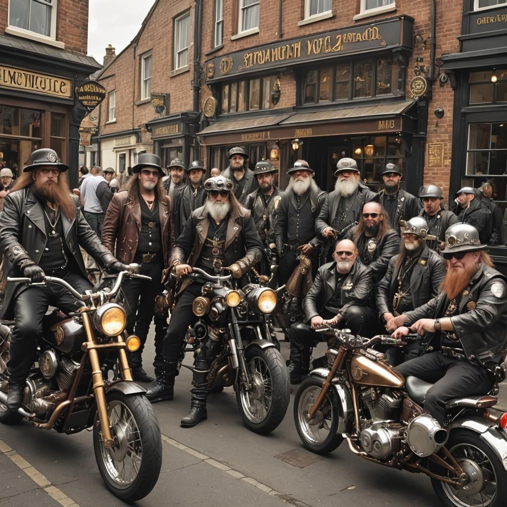 Steampunk Wizzard motorcycle club meeting at the pub - AI Generated ...