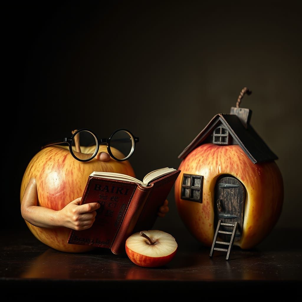 "A surreal and humorous still-life featuring anthropomorphic apples ...