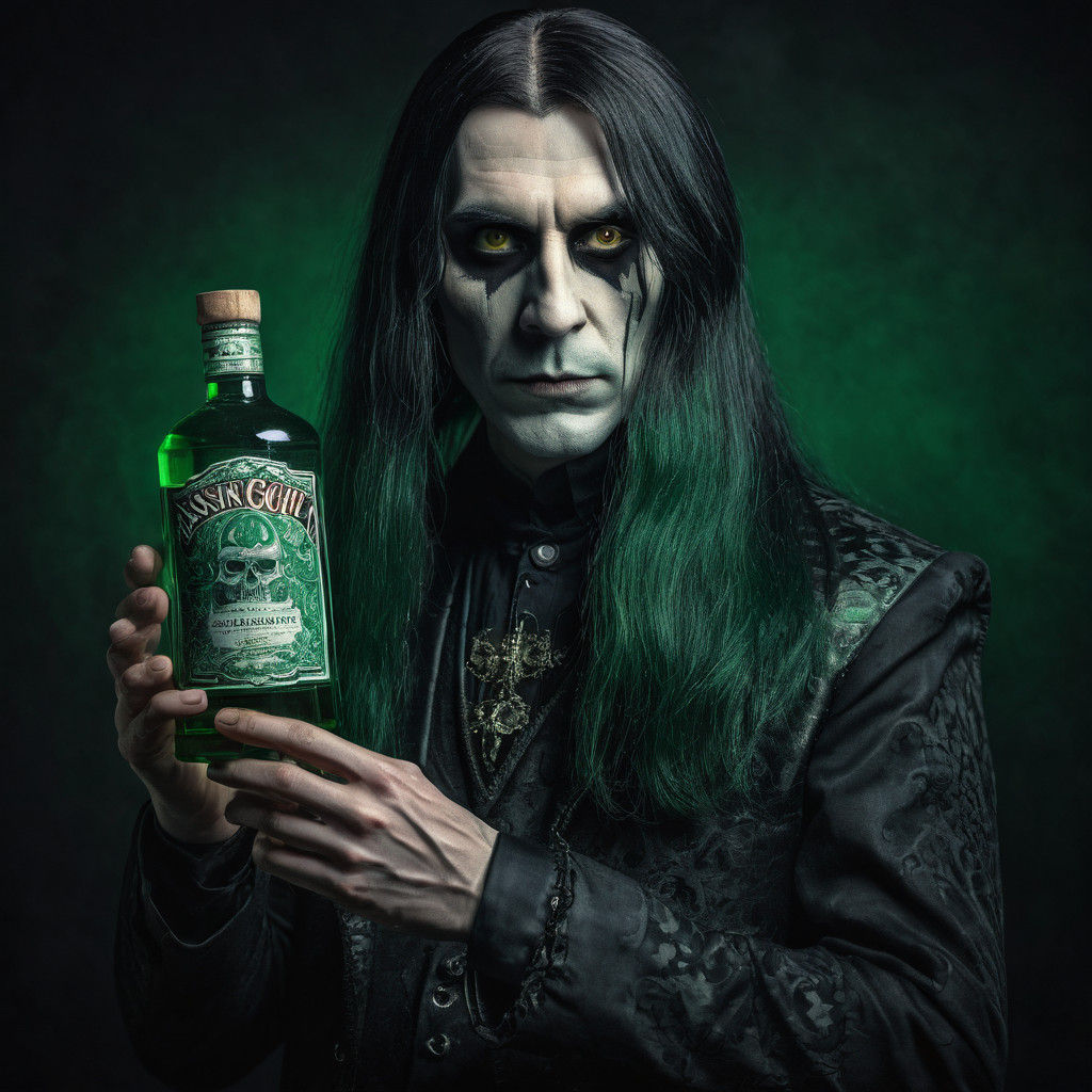 Portrait of a goth with long hair Holding a bottle of bottle green ...