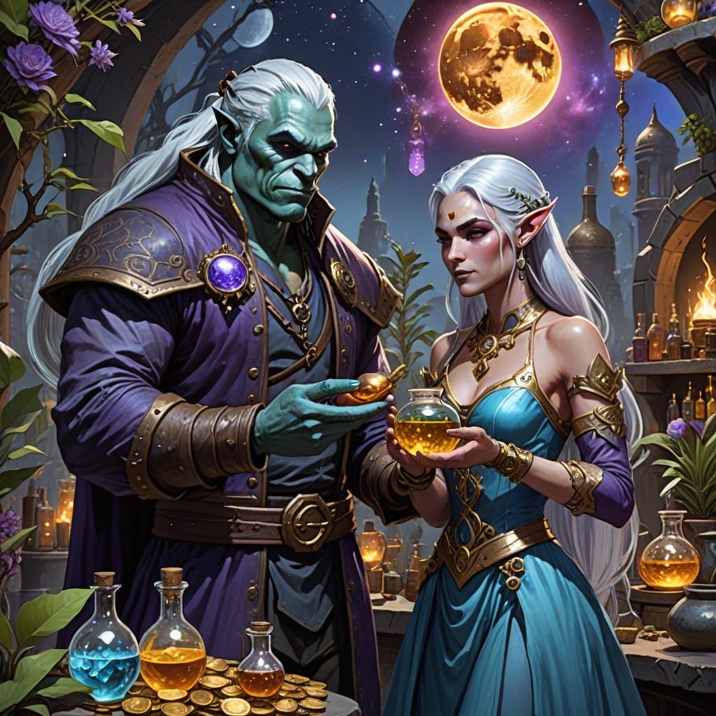Orc Buys Potion from Elven Alchemist in Lush Setti... - AI Art