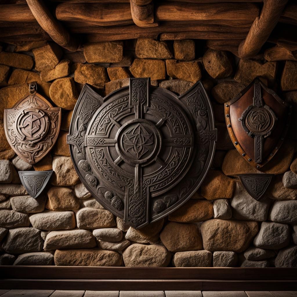 Ancient wall inside of castle, battle shields hanging on wall , Celtic ...