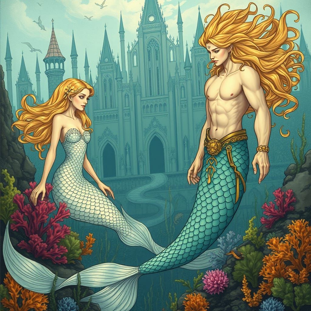 Mermaids and Mermen in a Sunken City of Wonder - AI Art