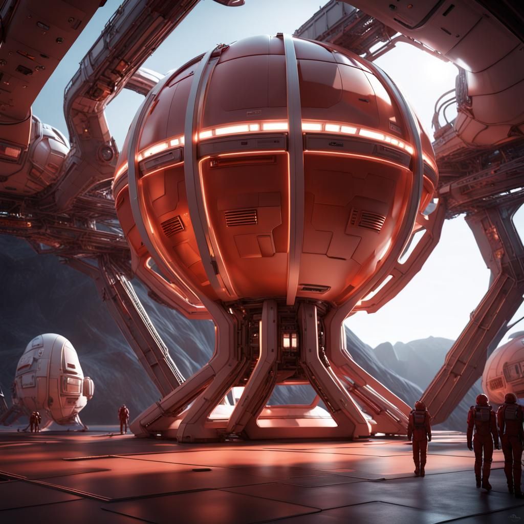 sci-fi, life support structure on pods for planet ground stay. reddish ...