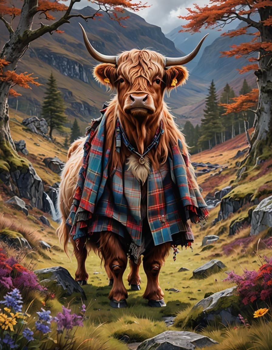Gouache. glamorous Highland-Cow in a lace-tartan-tutu Glen Coe ...