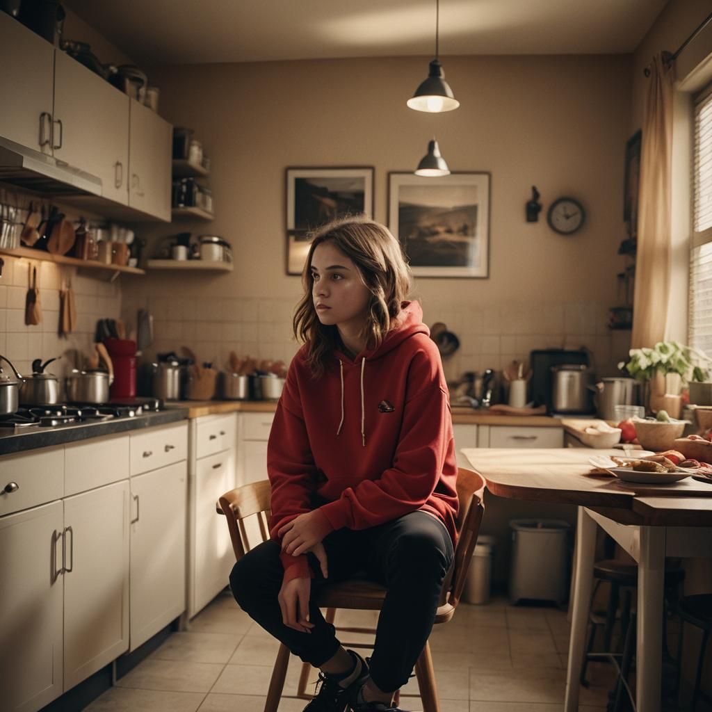 Teen Girl in Warm, Cinematic Kitchen Scene with Ri... - AI Art