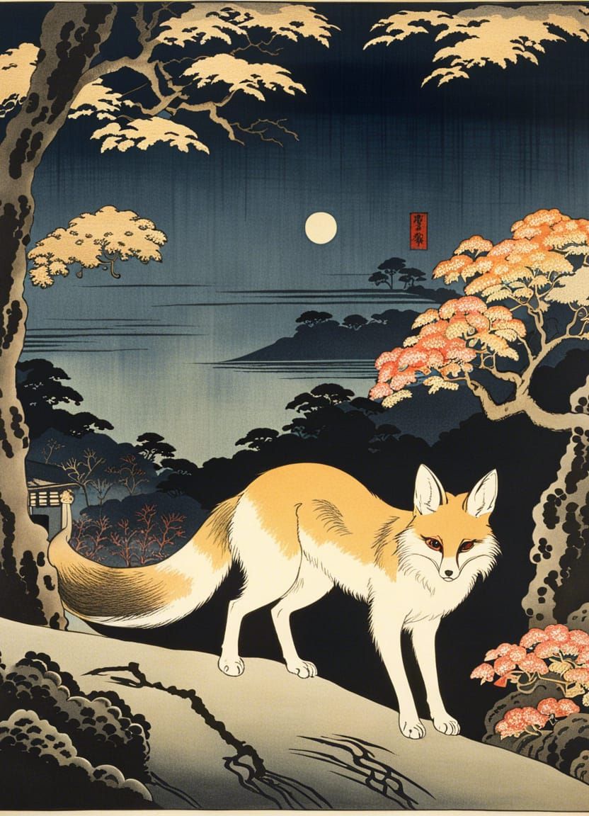 “The Inari Fox Kitsune in summer evening”, fox detailed atmospheric masterpieces by Yoshitaka ...