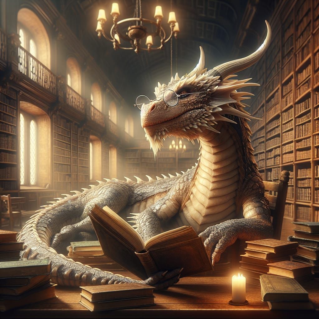 The Library Dragon - A Serene Dragon Enjoys a Book in a Vi...