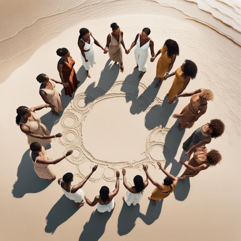 8k realistic, intricate details, a group of diverse women standing in a circle holding hands ...
