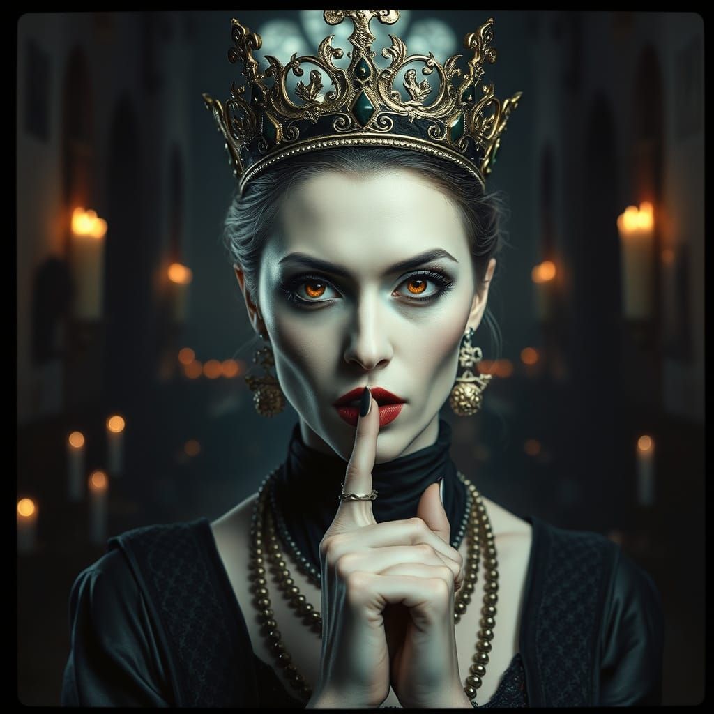 Regal Vampire Queen in Dark Cathedral Setting - AI Art