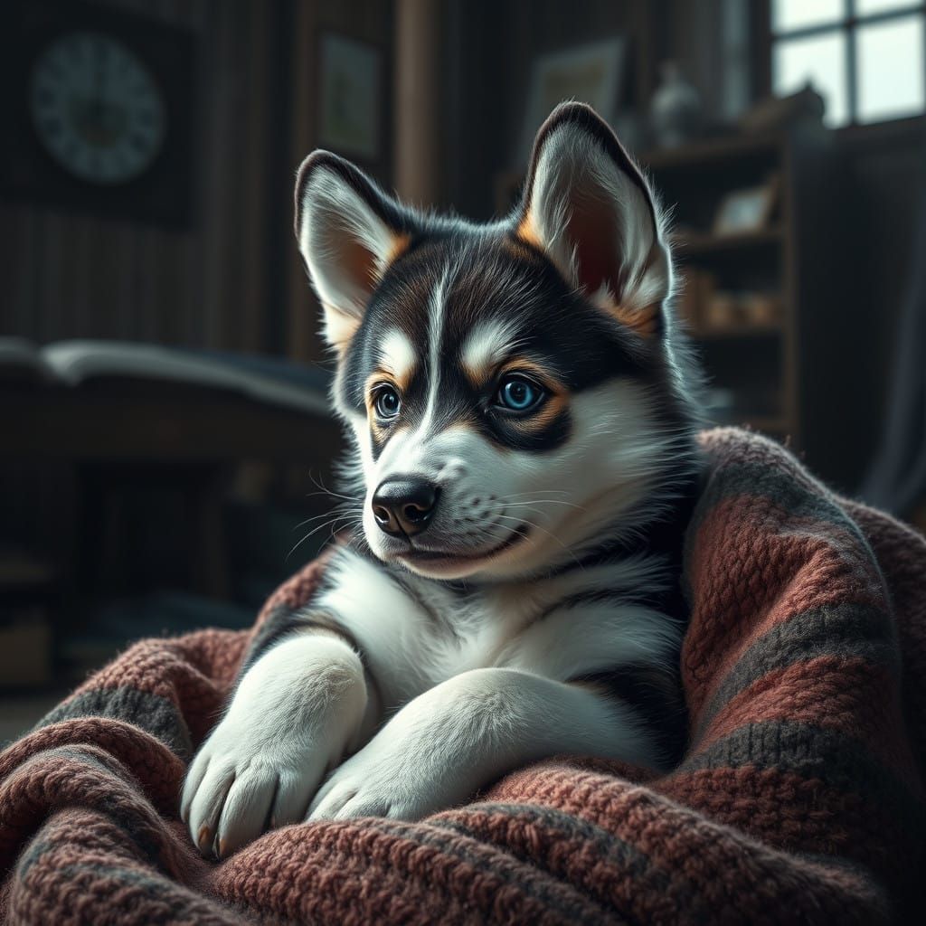 Epic Husky Puppy in Cozy Domestic Scene - AI Art