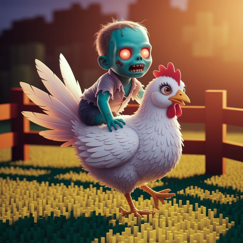 Minecraft Zombie Riding a Pixelated Chicken - AI Art