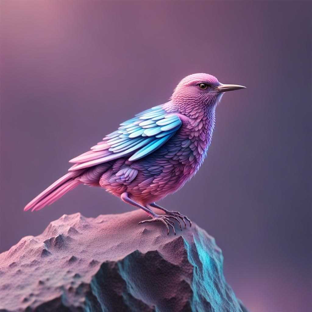 up close very detailed view of a small 3d bird with pink and blue wings ...