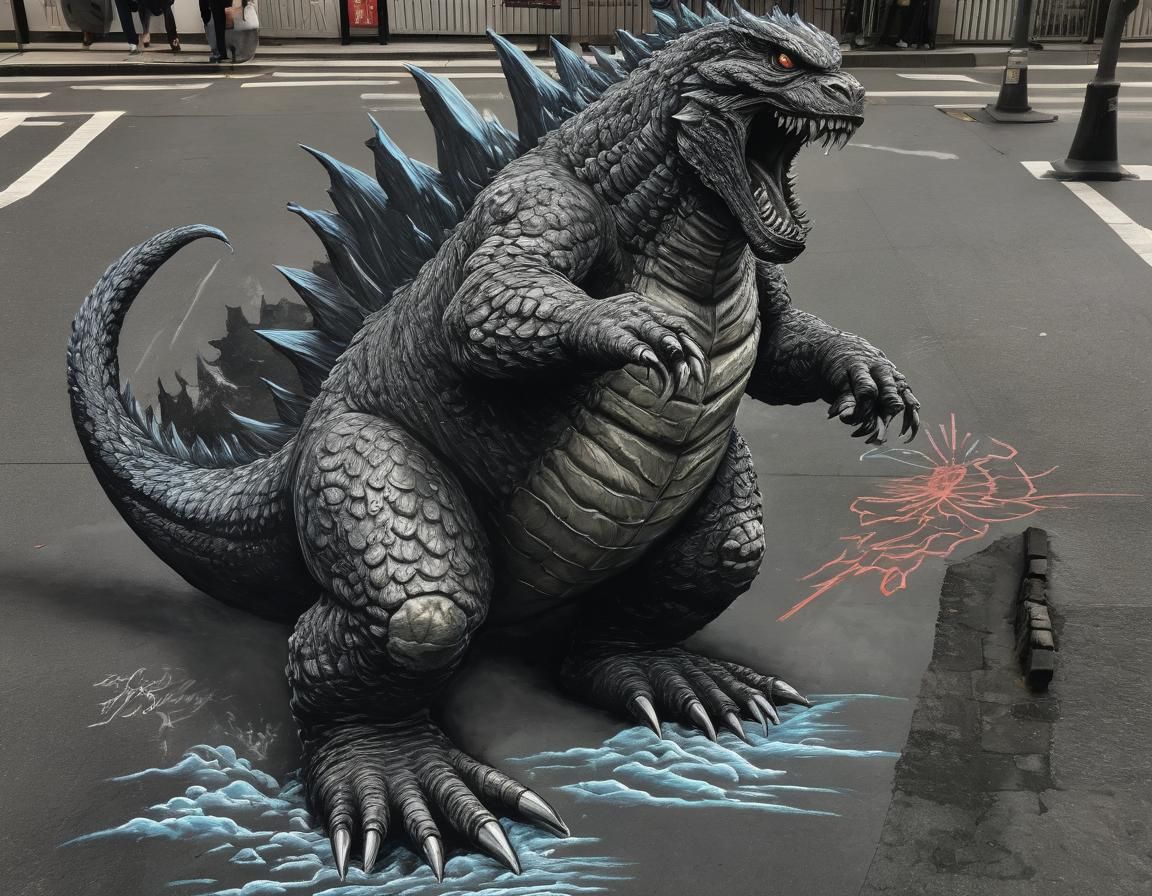 Godzilla stomping through Tokyo done in chalk art - AI Generated ...