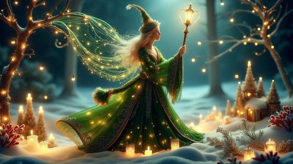 Yuletide Witch - Winter Enchantress in Emerald Velvet Cloak