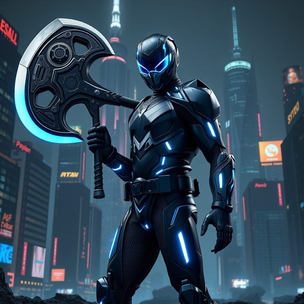 Futuristic Hero Wields Neon-Lit Axe in Dystopian C... - AI Art