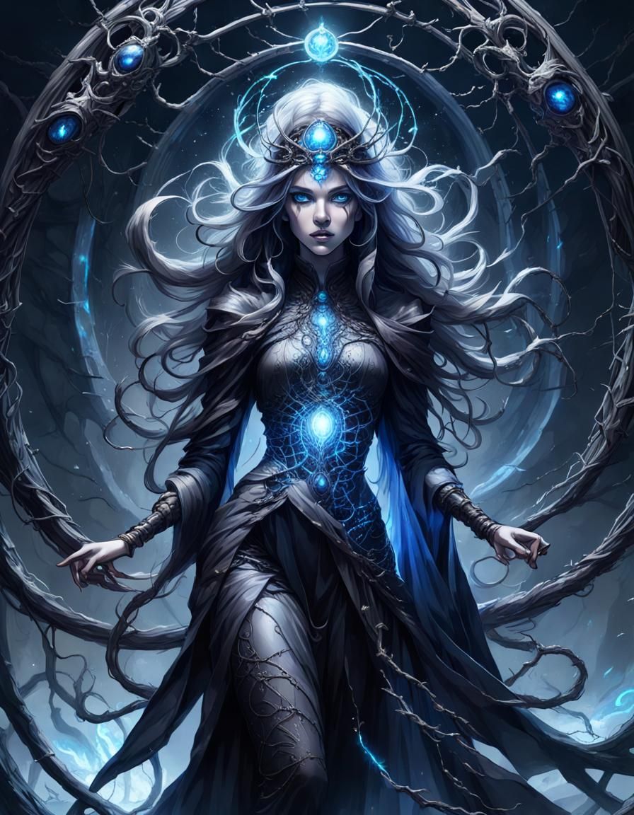 a woman that is standing in the dark, fantasy art style, blue glowing ...