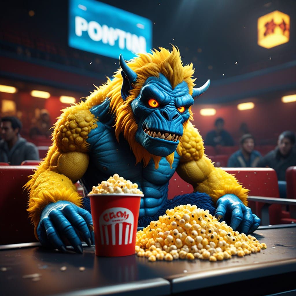 Glowing Popcorn Monster in a Cinema Setting - AI Art
