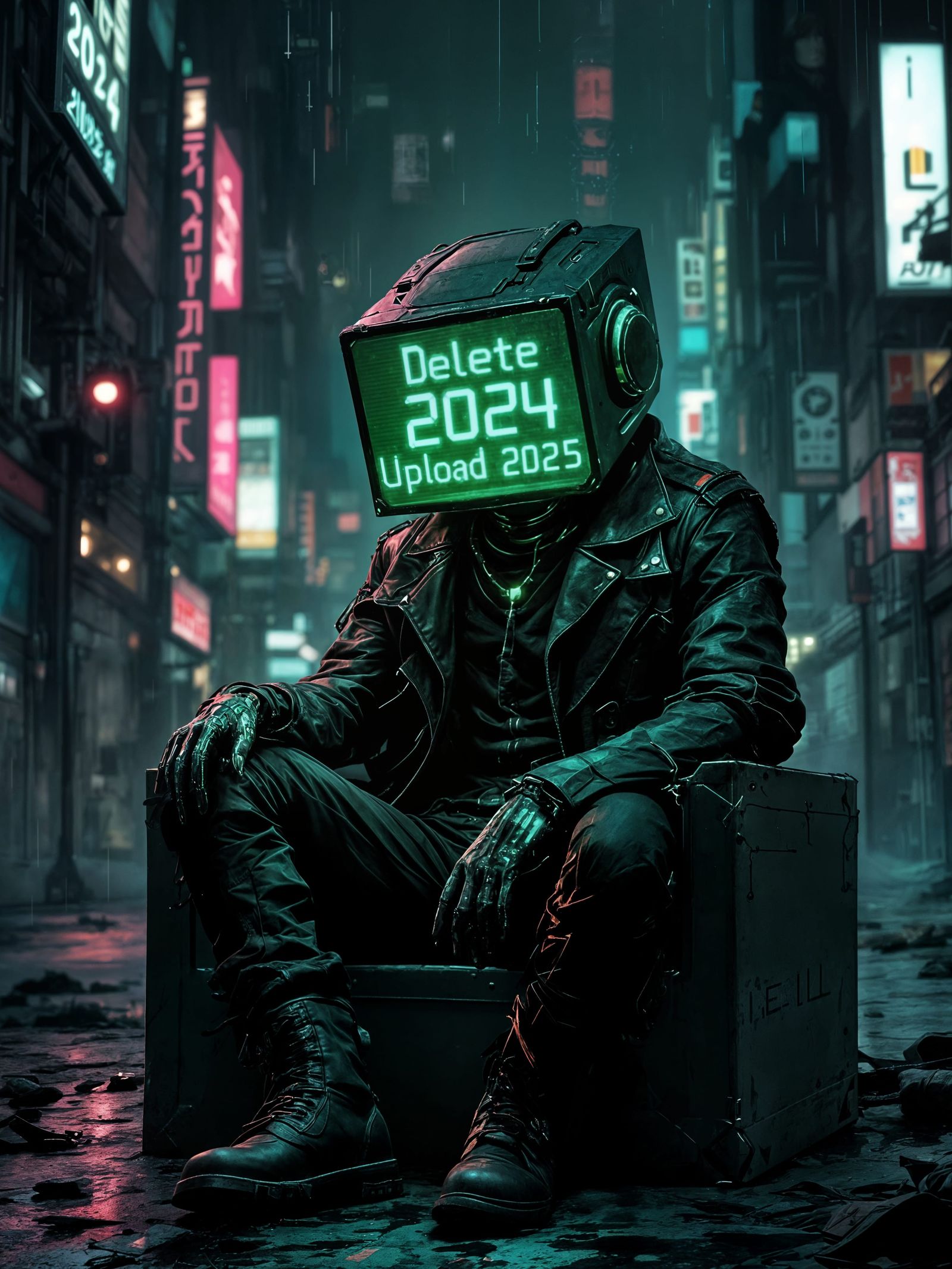 Delete/Upload - Cyborg Figure in Gritty Urban Landscape wit...