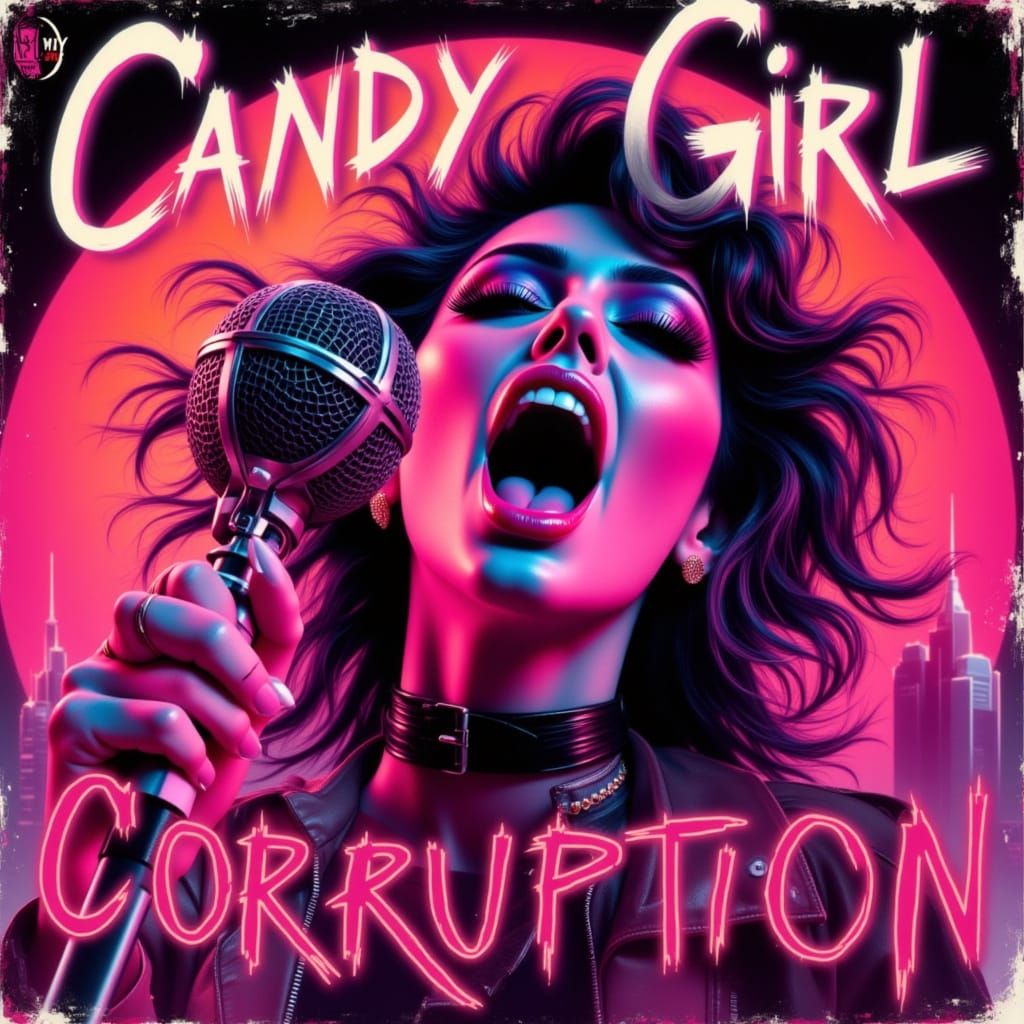 Album cover with and 80s neon punk rock female screaming into a ...