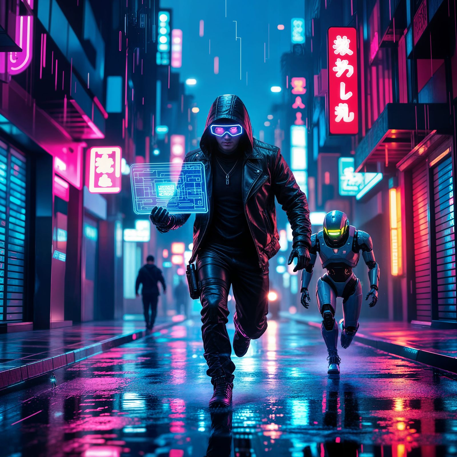 Cyberpunk Hacker Fleeing Robot in Neon Landscape - AI Art