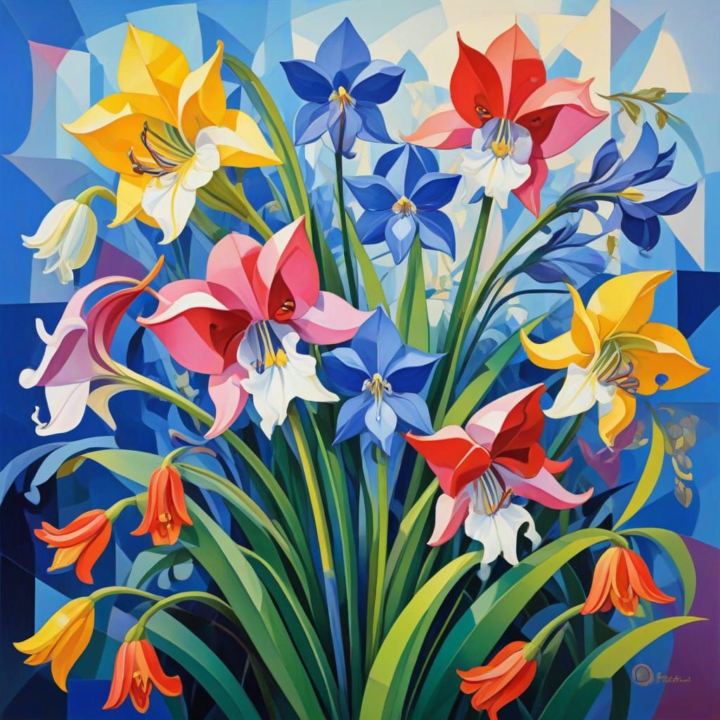 Cubist flowers - Vibrant Cubist Blooms in Bluebell Colors