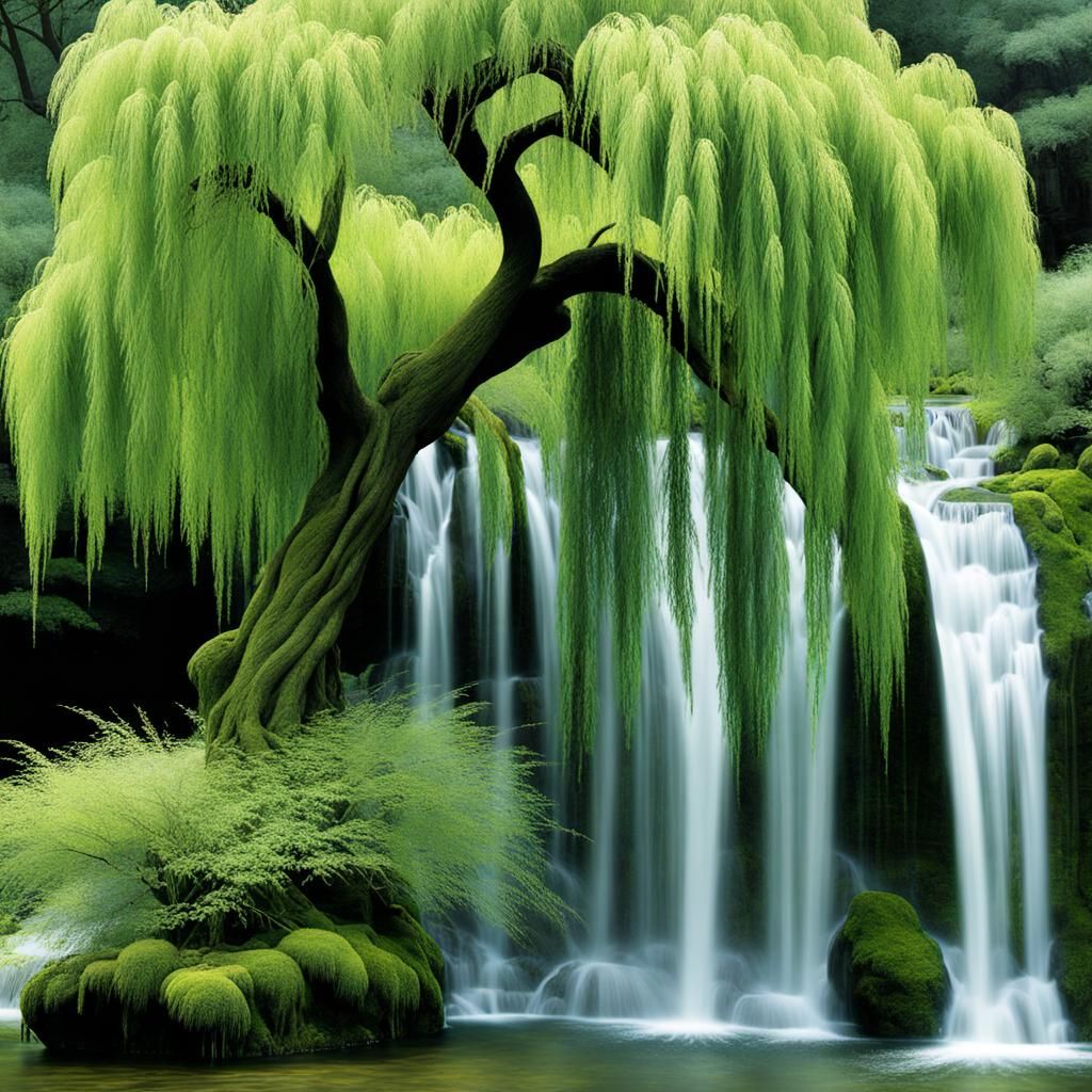 Whimsical weeping willow, wonderful waterfall, Wileman, WLOP, Wou-Ki ...