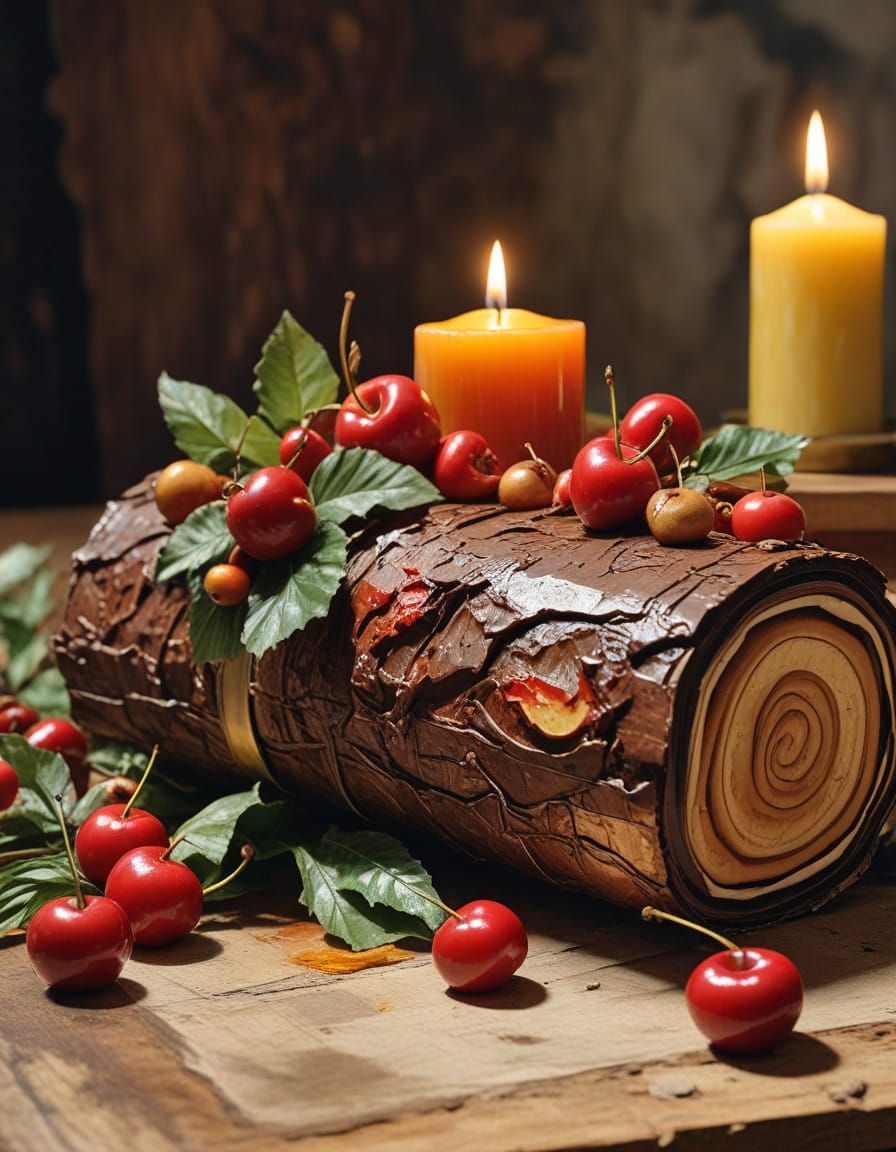 Encaustic wax painting : Yule log with candles