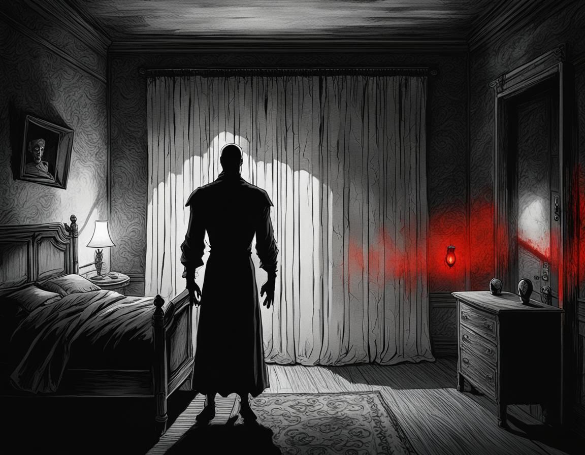 Eerie bedroom at night with the moonlight shining between the curtains ...