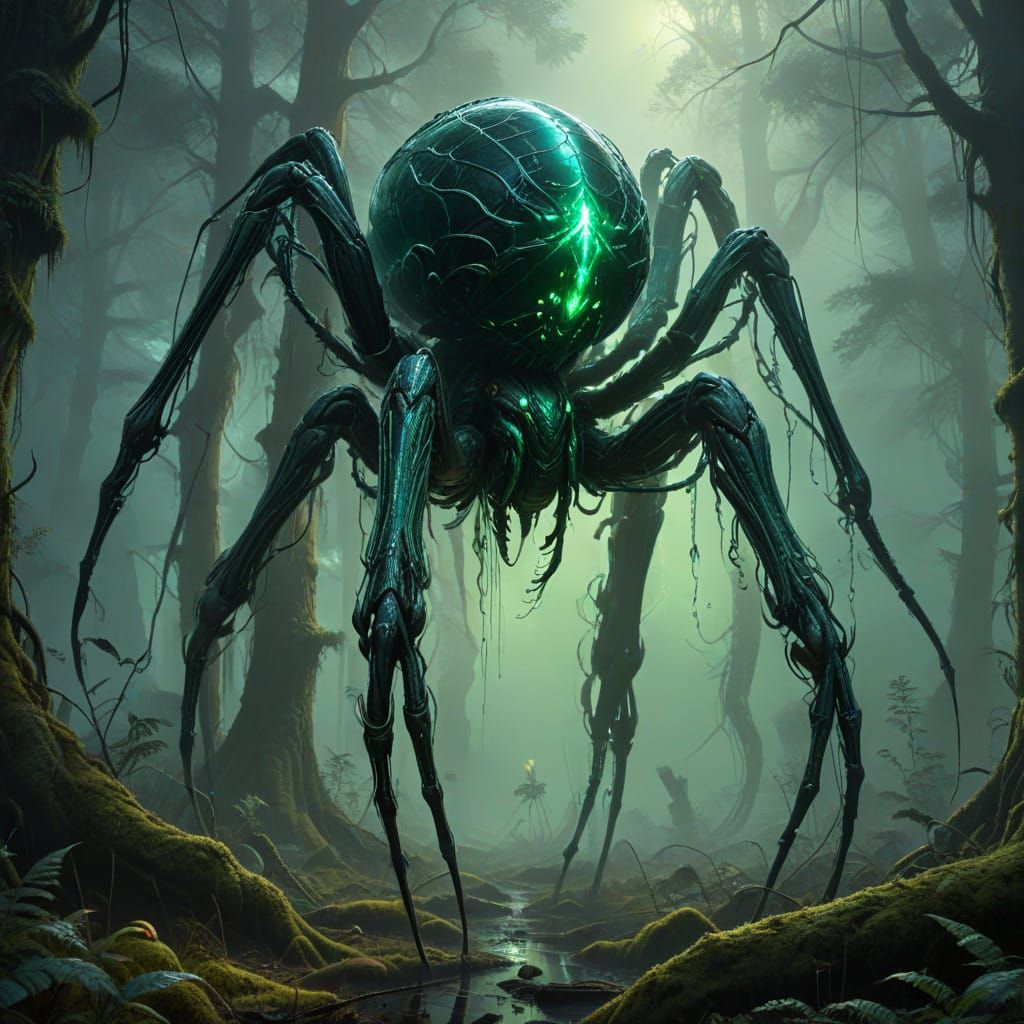 A depiction of a large spider huminoid that dispersas toxic spores ...
