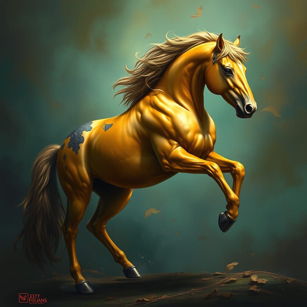 Charcoal & Gold Stallion - Majestic Golden Stallion in Fanta...