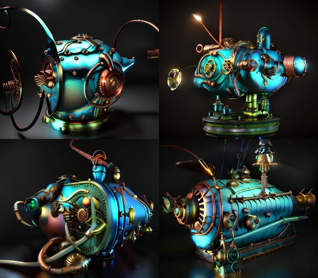 A lamp-bearing copper and brass steampunk clockwork submarine modeled ...