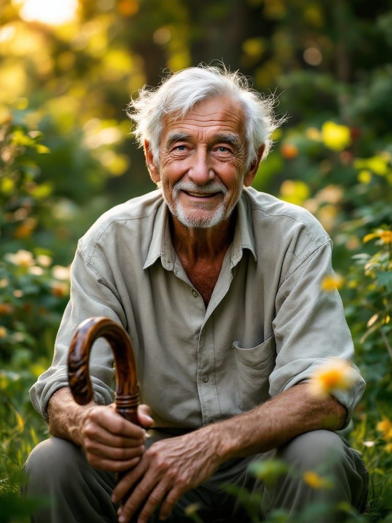 An elderly man with a serene expression sits in a sun-dappled garden.