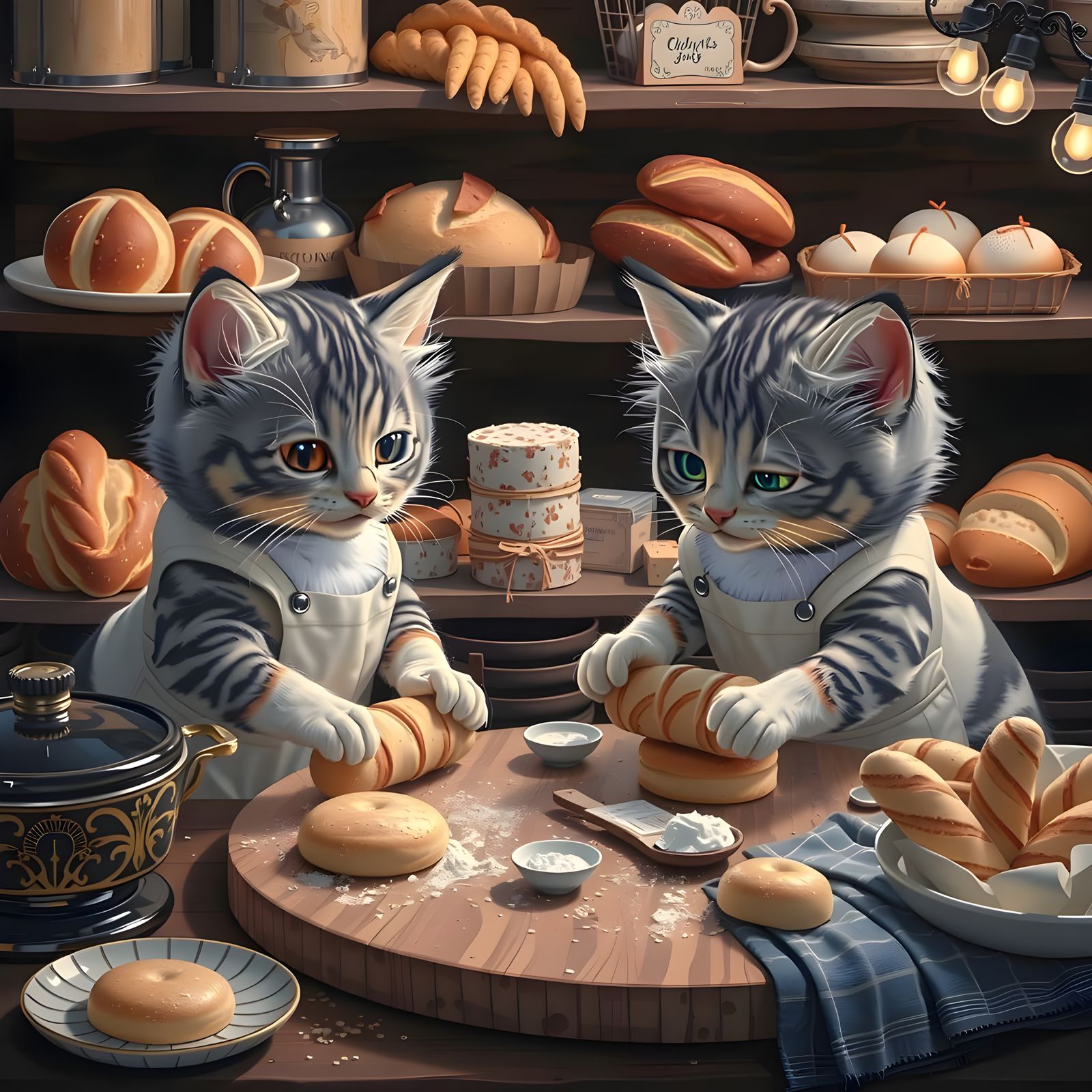 Two cats are making breads at a bakery. Behind them, there is a shelf ...