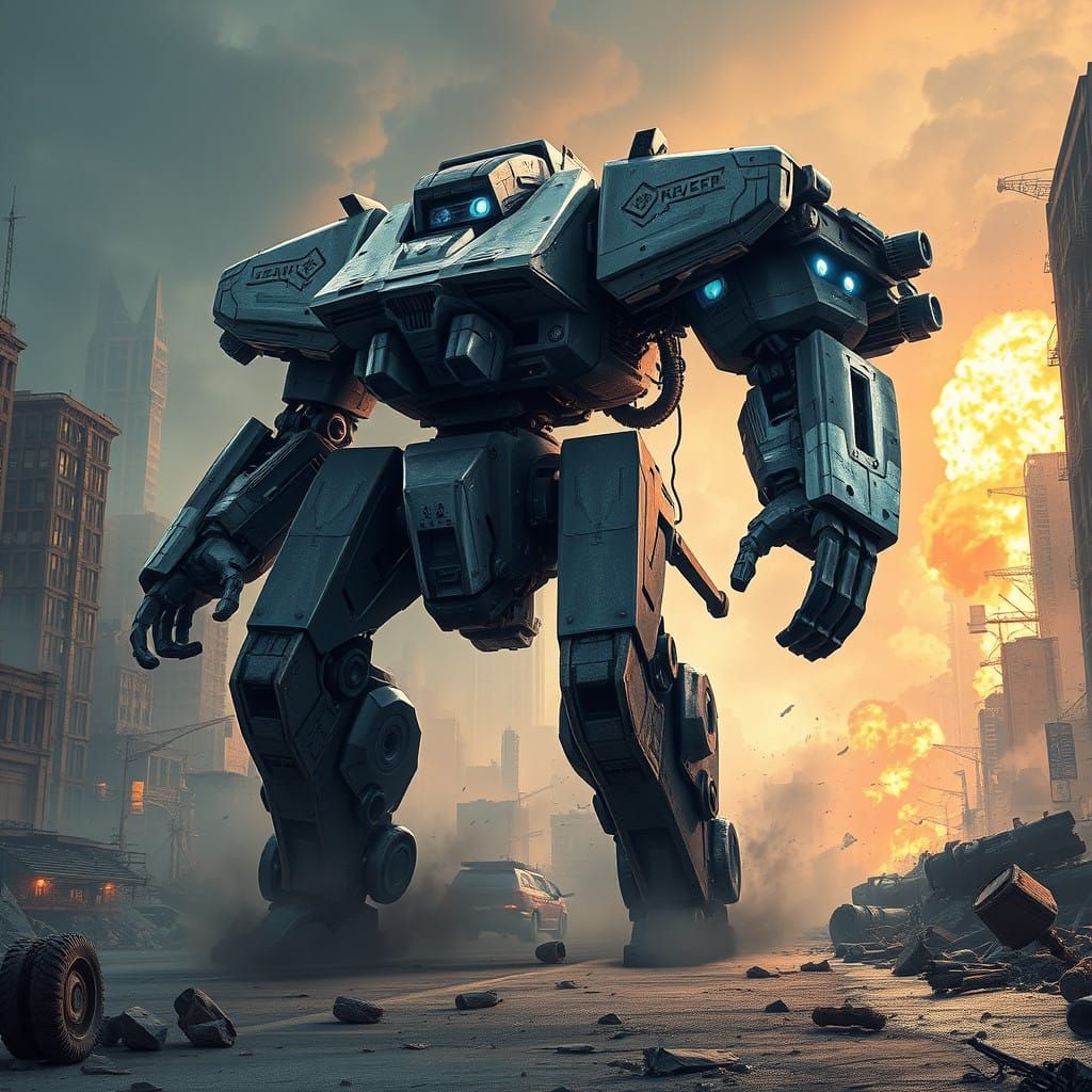 Realistic sci-fi armored battle mech robot entering a city street ...