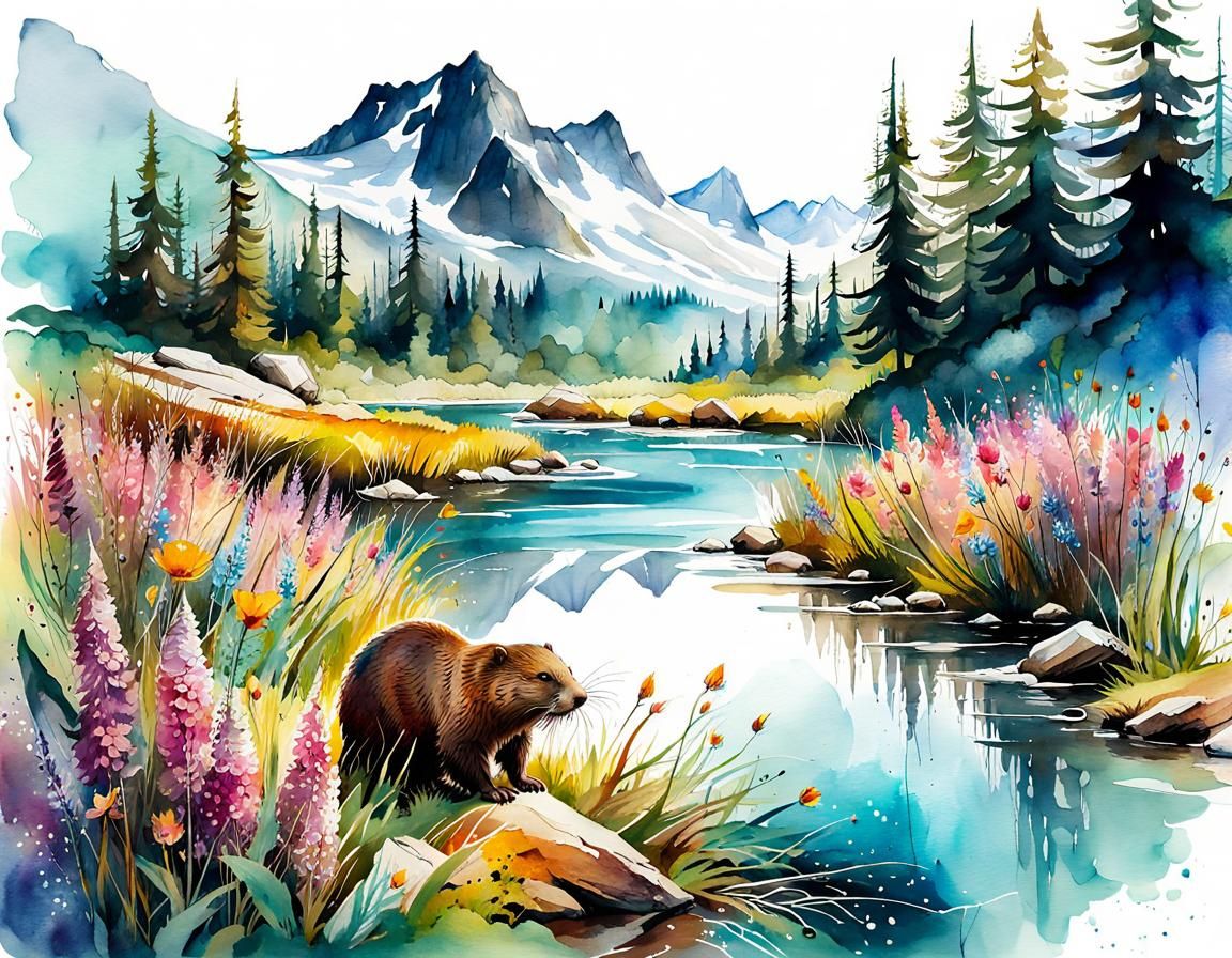 Digital watercolor beaver Illustration of a beautiful flower meadow ...