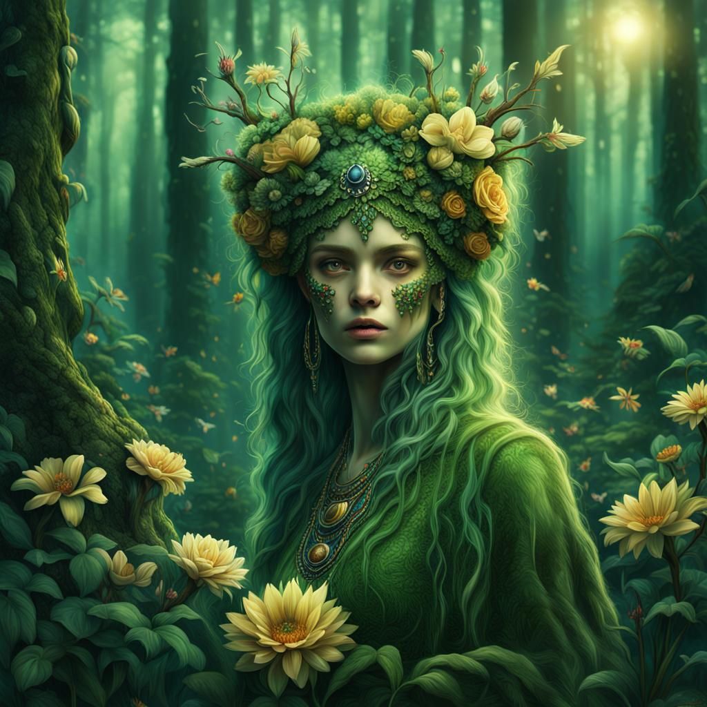Forest spirit, beautiful feminine flowers masterpiece green cinematic ...